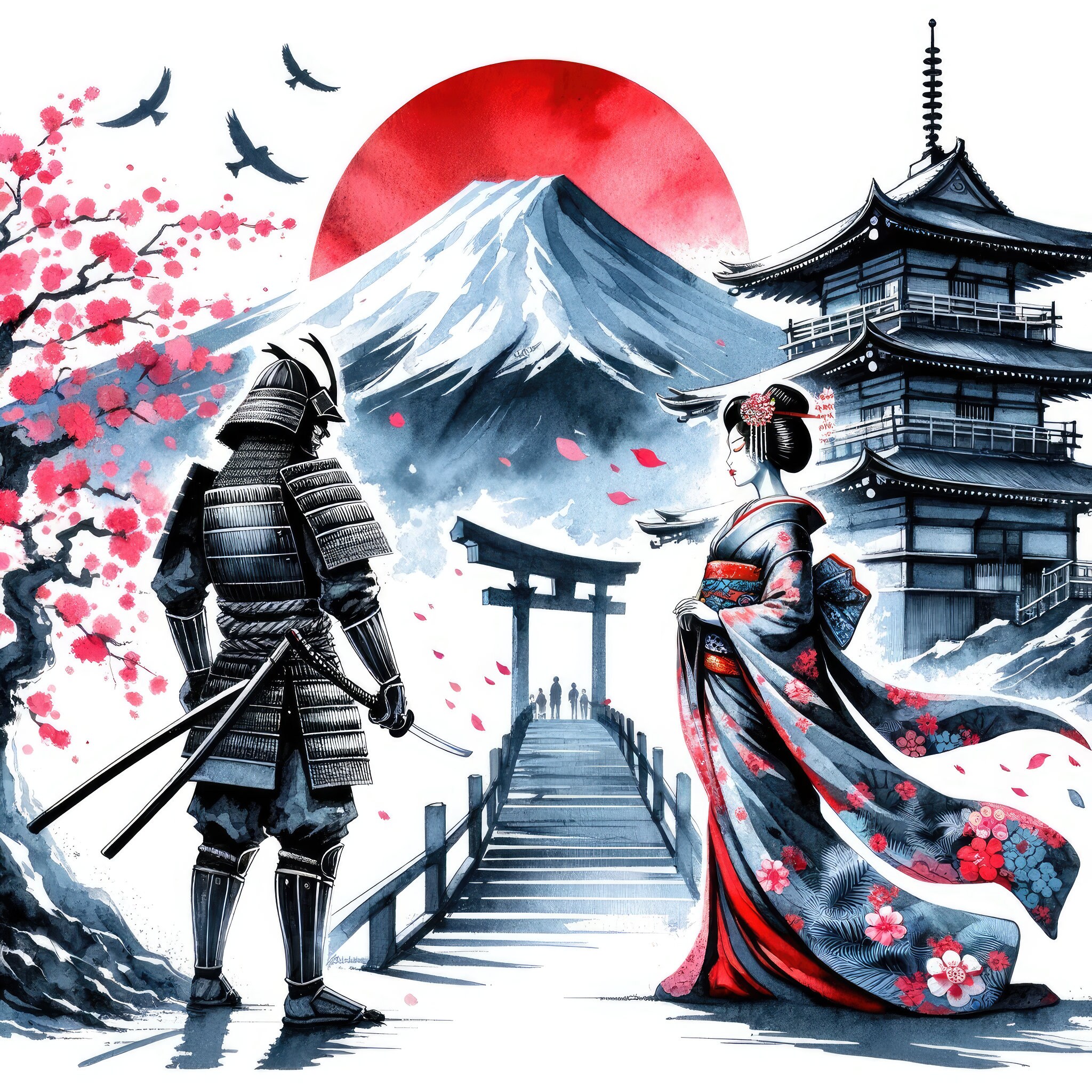 Traditional Japanese Elements Samurai Warrior Geisha Fuji Cherry ...