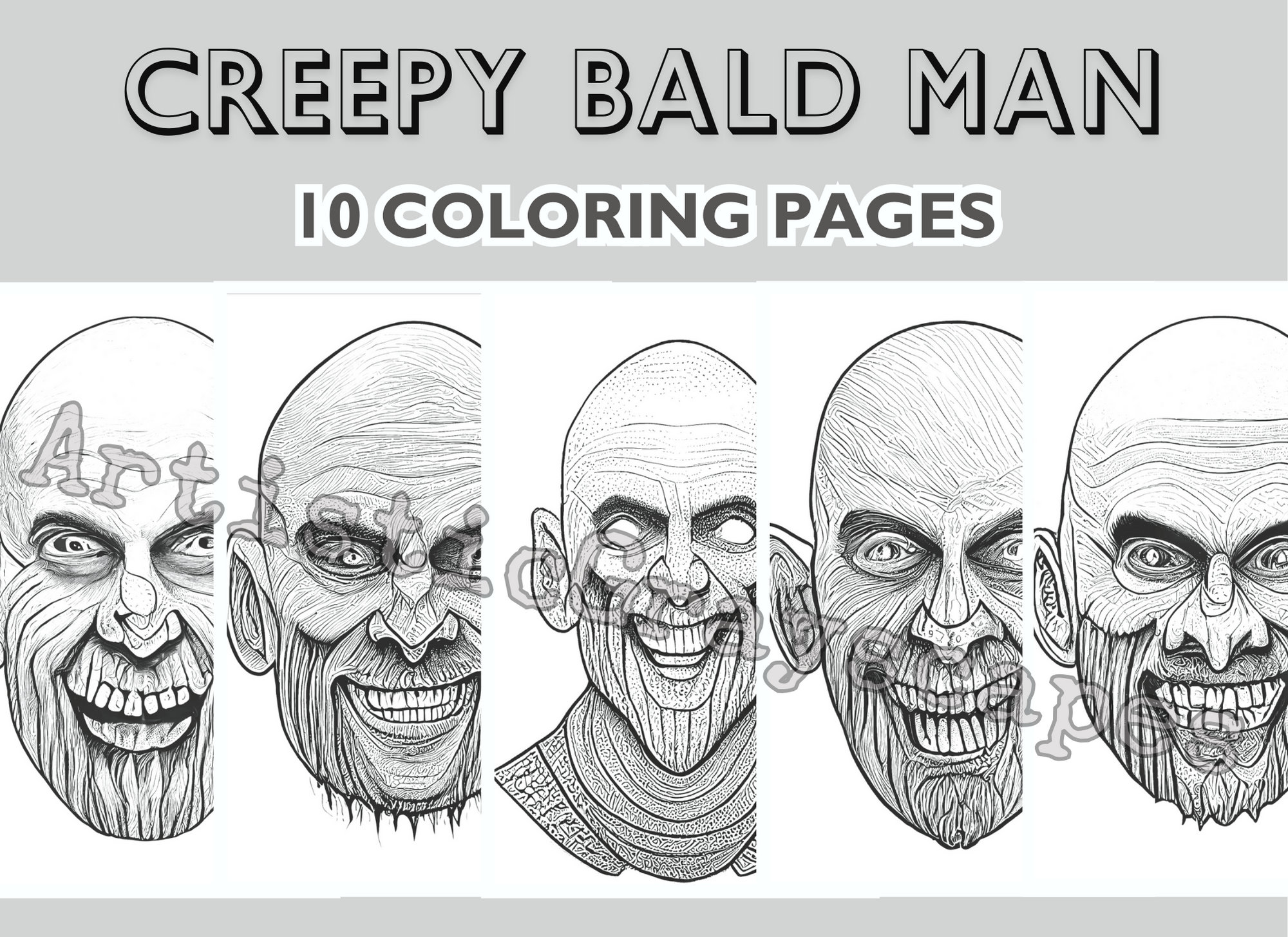 10 Creepy Bald Man Pages - Trick or Treat Coloring Page Book - Adults ...