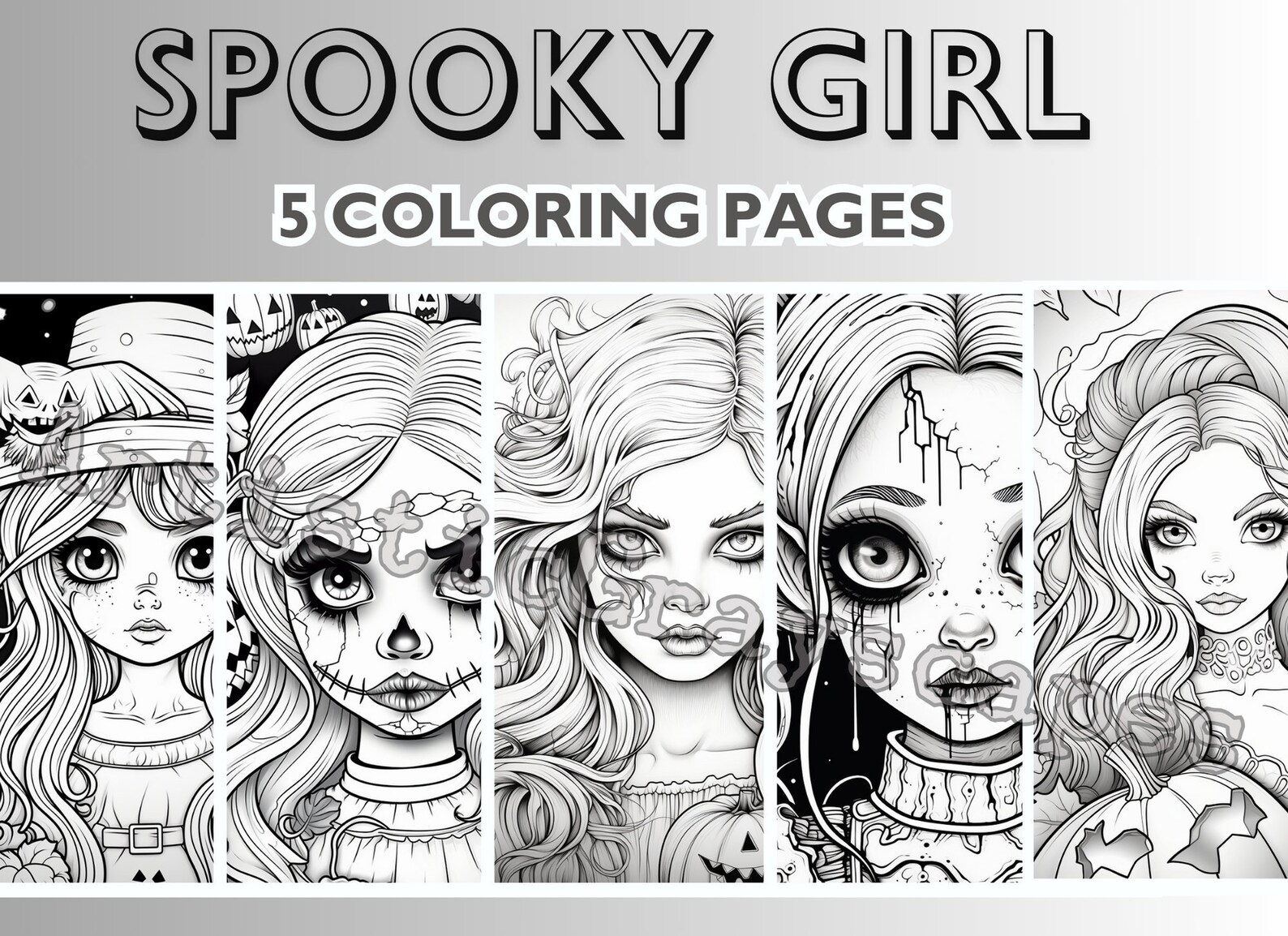 5 Spooky Girl Pages - Trick or Treat Coloring Page Book - Adults + Kids ...