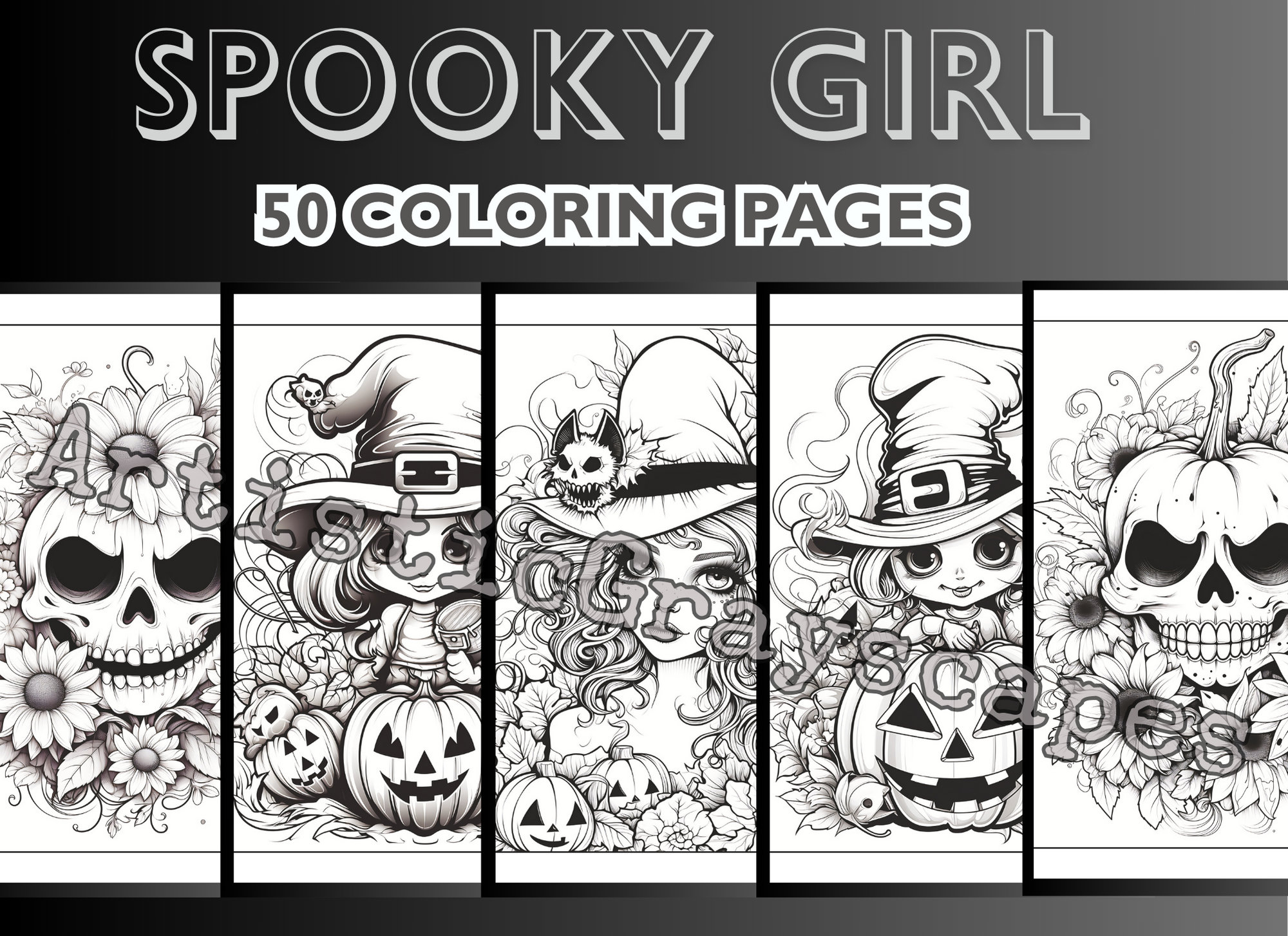 50 Cute and Spooky Girl Coloring Pages - Coloring Page Book - Adults ...