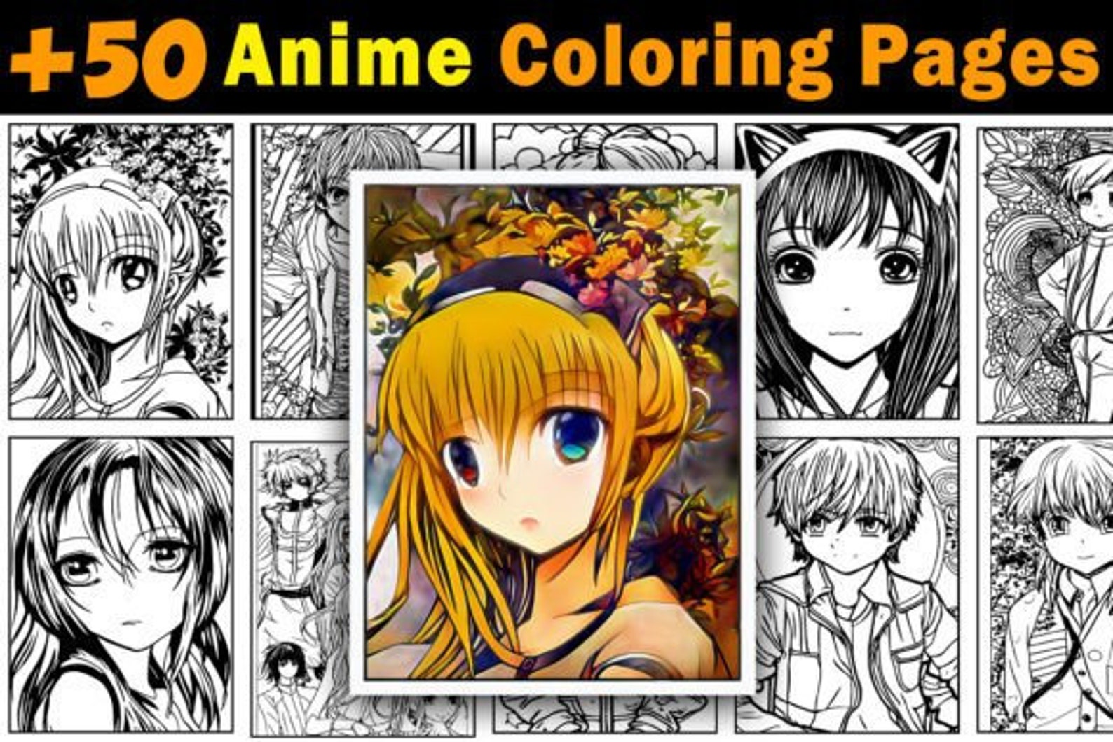 Anime Coloring Pages for Adults, Grayscale Graphics , 50 Pages - Etsy