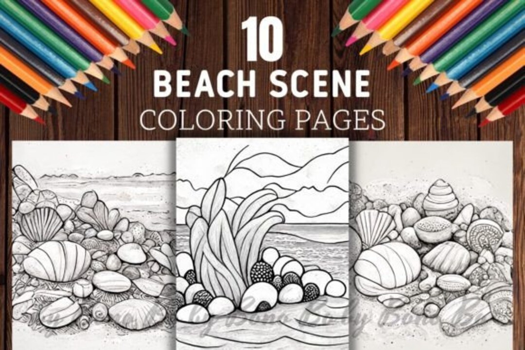 Beach Scene Coloring Pages, Beautiful Grayscale Graphics, 10 Pages - Etsy