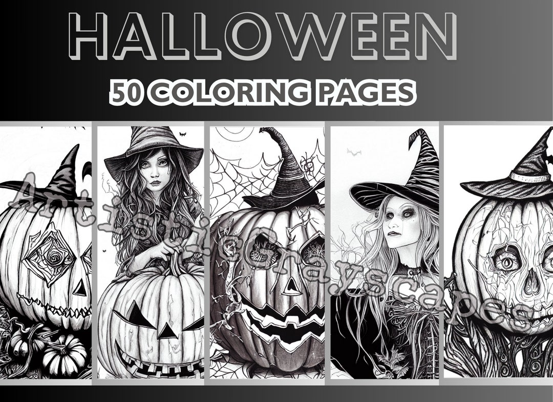 50 Creepy Halloween Coloring Pages - Coloring Page Book - Adults + Kids ...