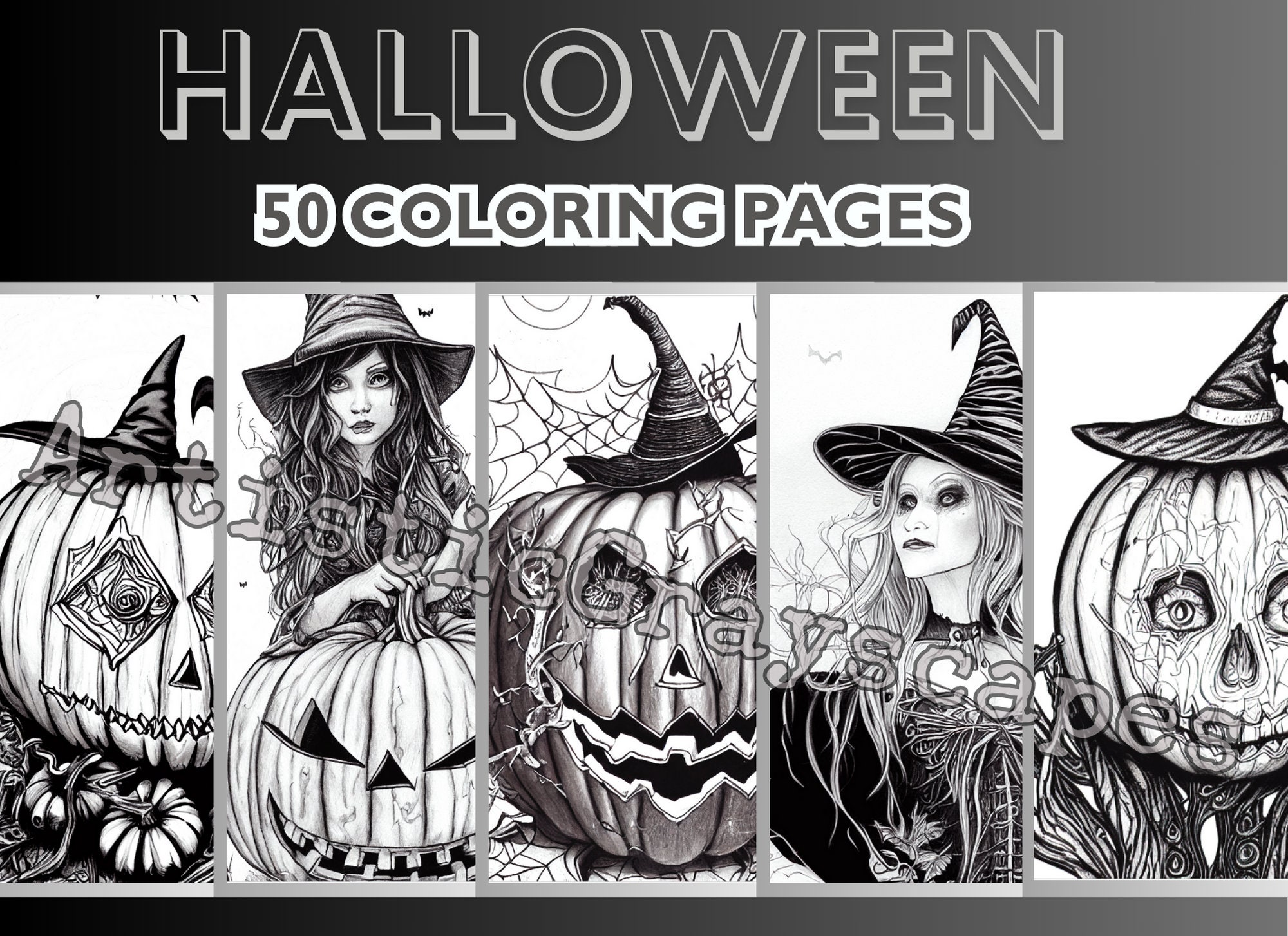 50 Creepy Halloween Coloring Pages - Coloring Page Book - Adults + Kids ...