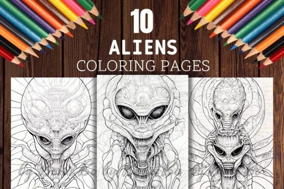 Alien Coloring Pages for Adults, Unique Grayscale Graphics , 10 Pages ...