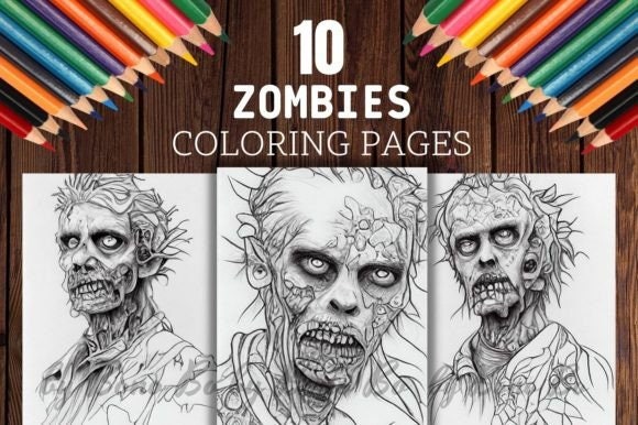 Zombies Coloring Pages for Adults, Horror Theme Grayscale Graphics , 10 ...