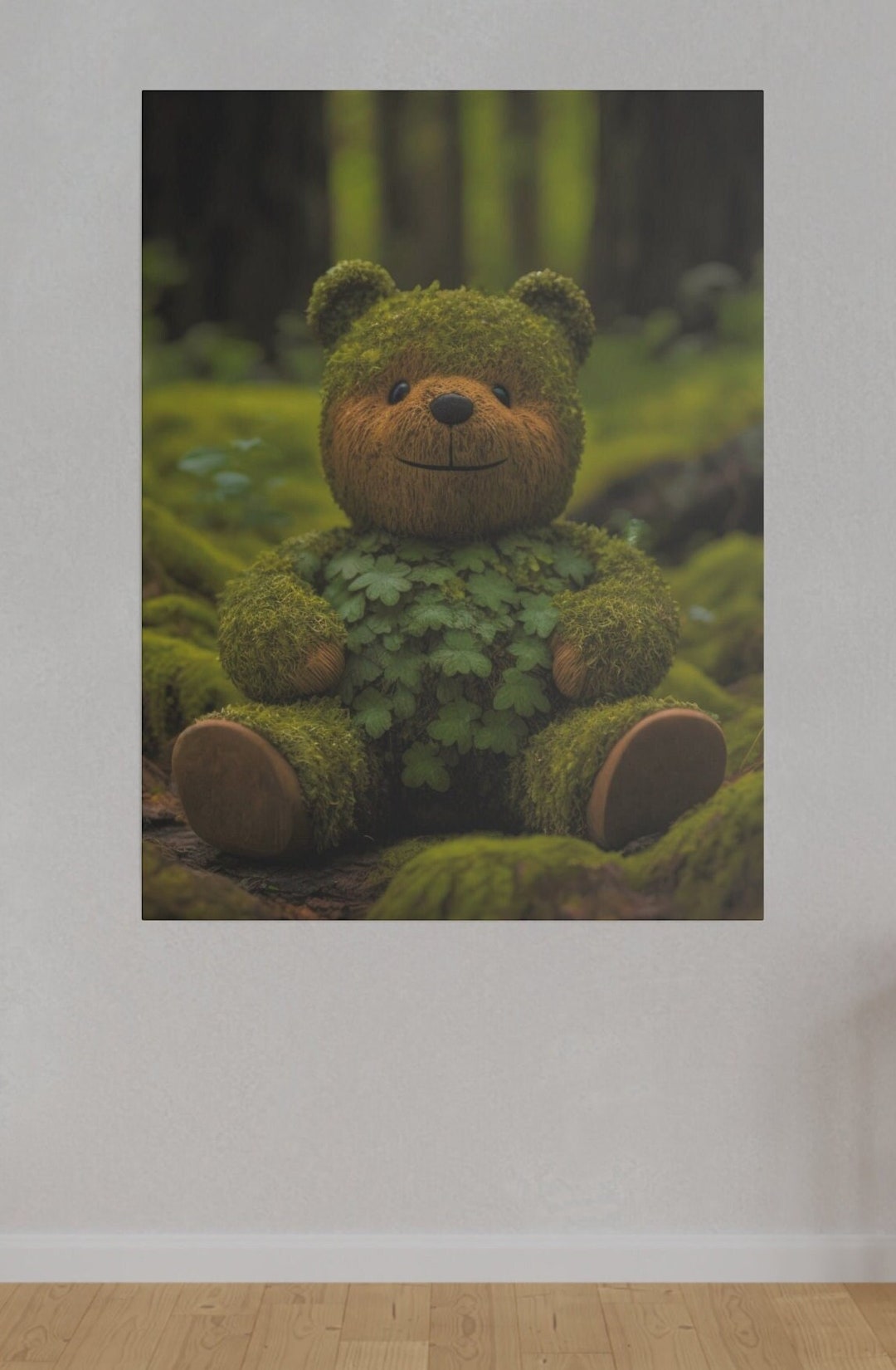Happy Moss Teddy Bear | Bear Canvas Wall Art | Forest Wall Art Moss ...