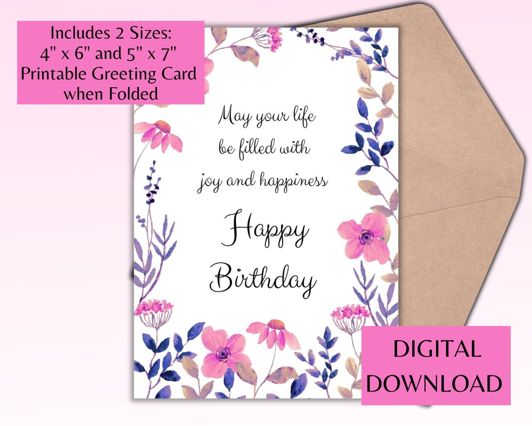 Happy Birthday Card Joy and Happiness, Instant Download Printable Card ...