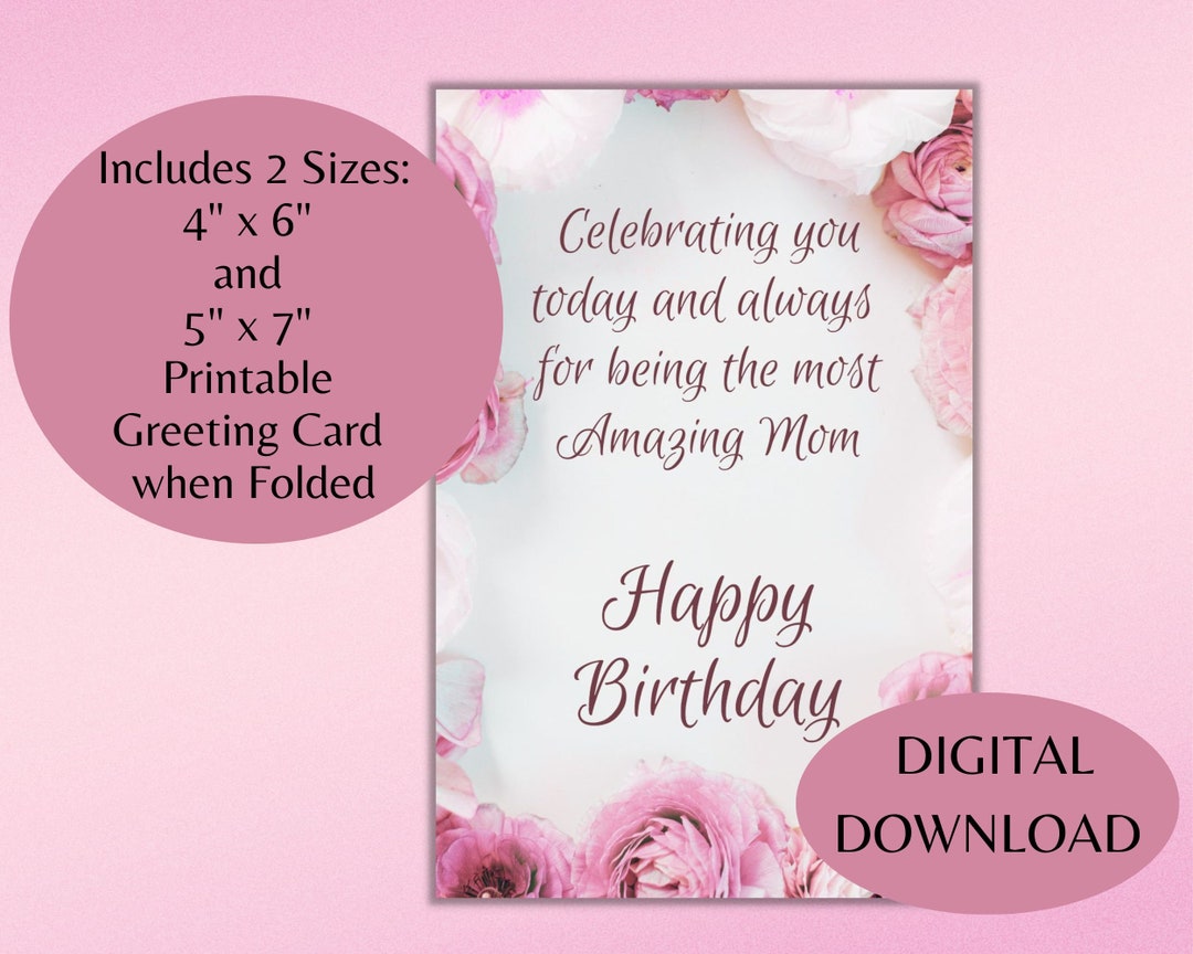 Happy Birthday Mom Rose Card Instant Download Printable - Etsy