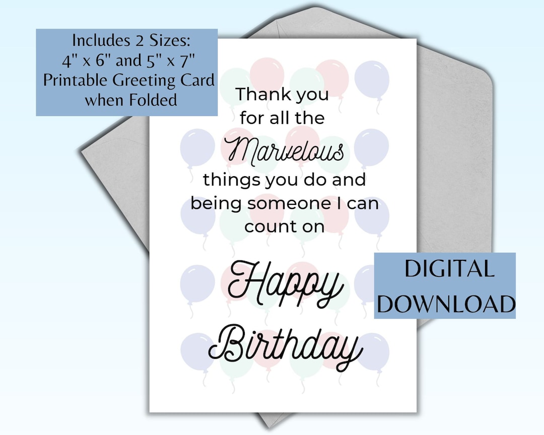 Happy Birthday Balloon Card Marvelous You Instant Digital Download - Etsy