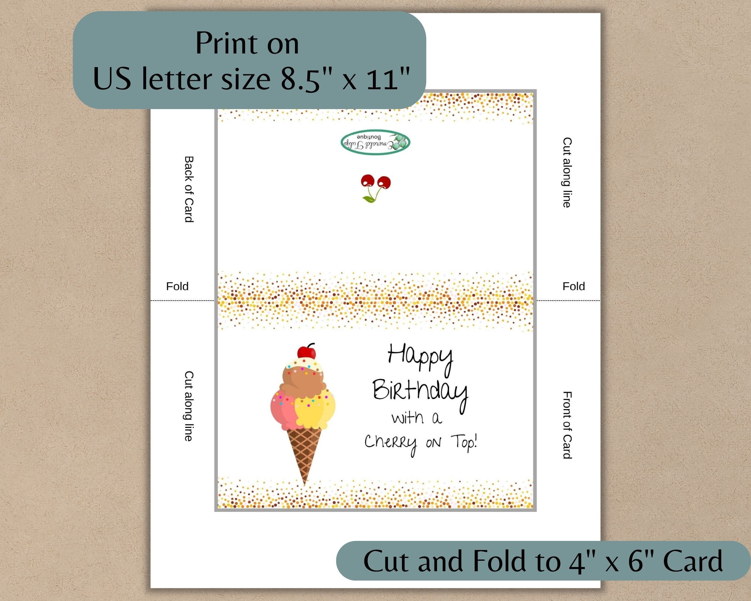 Ice Cream Cone Happy Birthday Card: Printable 4x6, 5x7 (digital ...