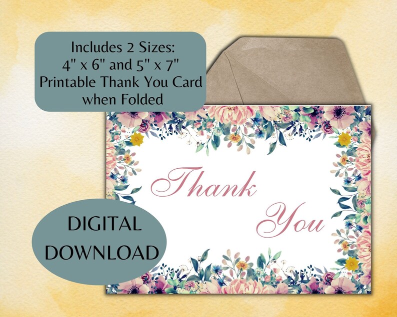 Floral Border Thank You Note Card, Instant Download Printable Card - Etsy