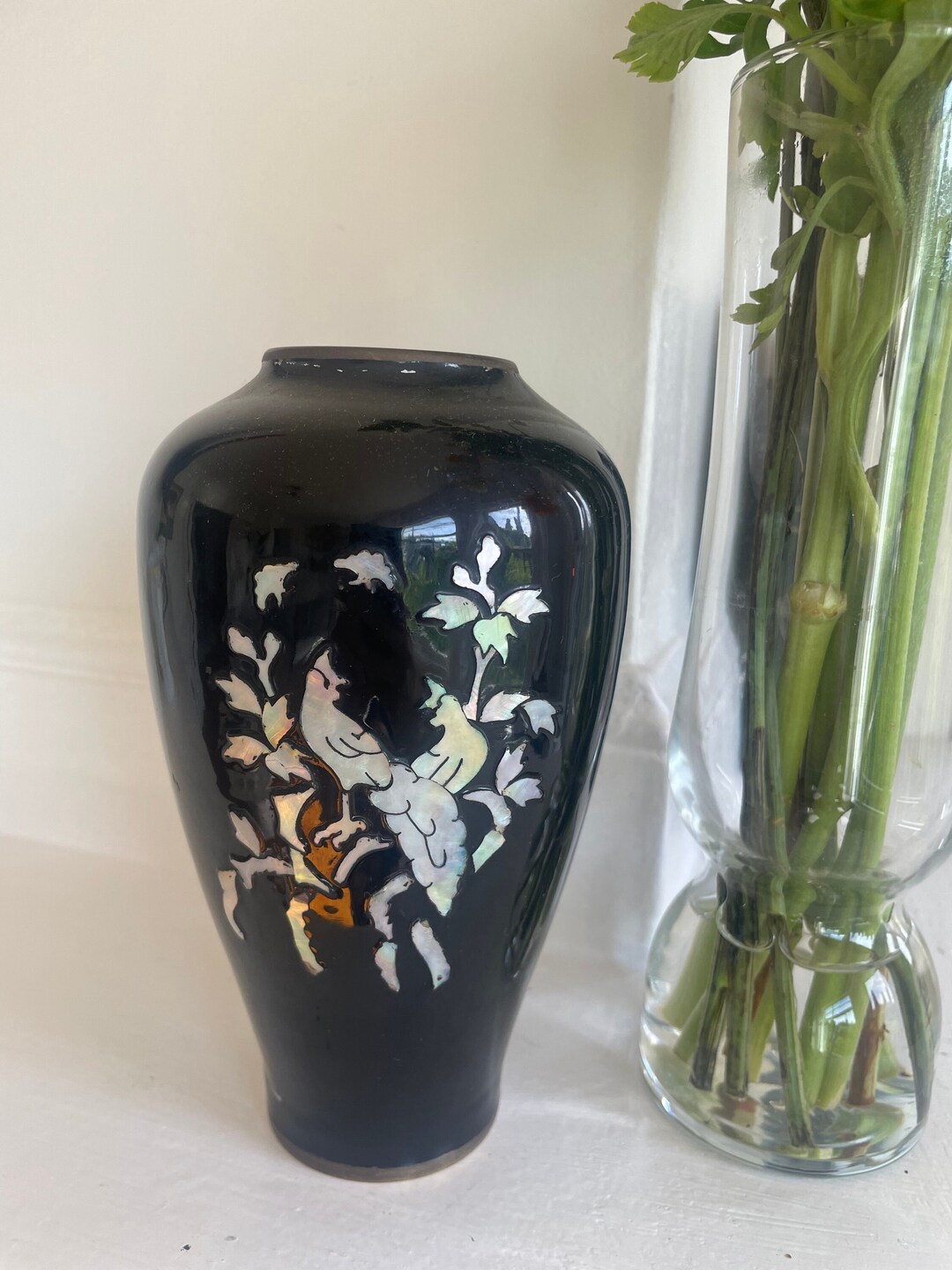 Korean Mother of Pearl Inlay Black Lacquer Vase, Abalone Inlaid Bird - Etsy