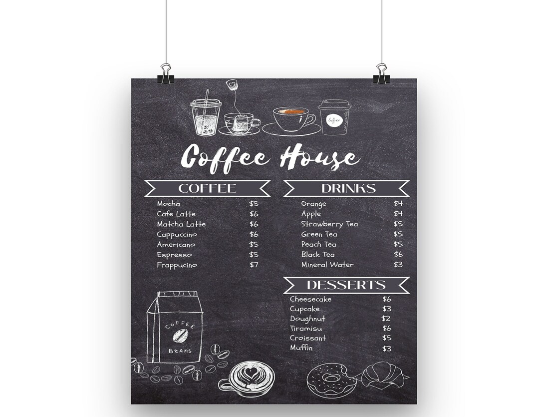 Chalkboard Style Coffee Menu Coffee Menu Template Coffee - Etsy