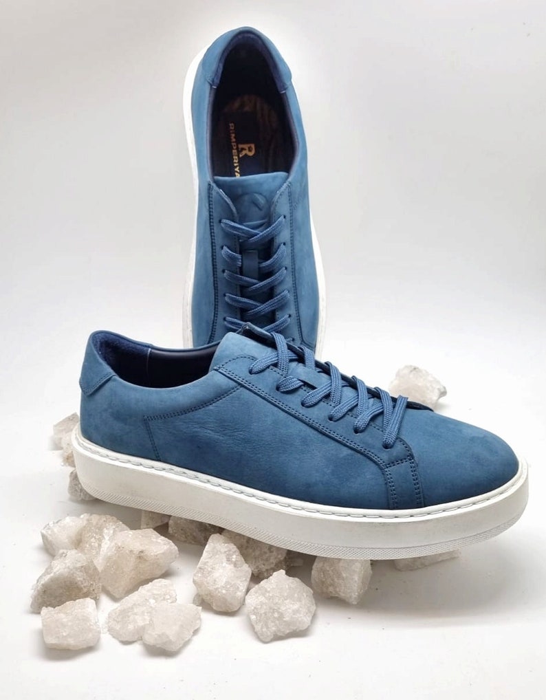 Handmade Leather Blue Barefoot Shoes,men's Genuine Leather Sneakers ...