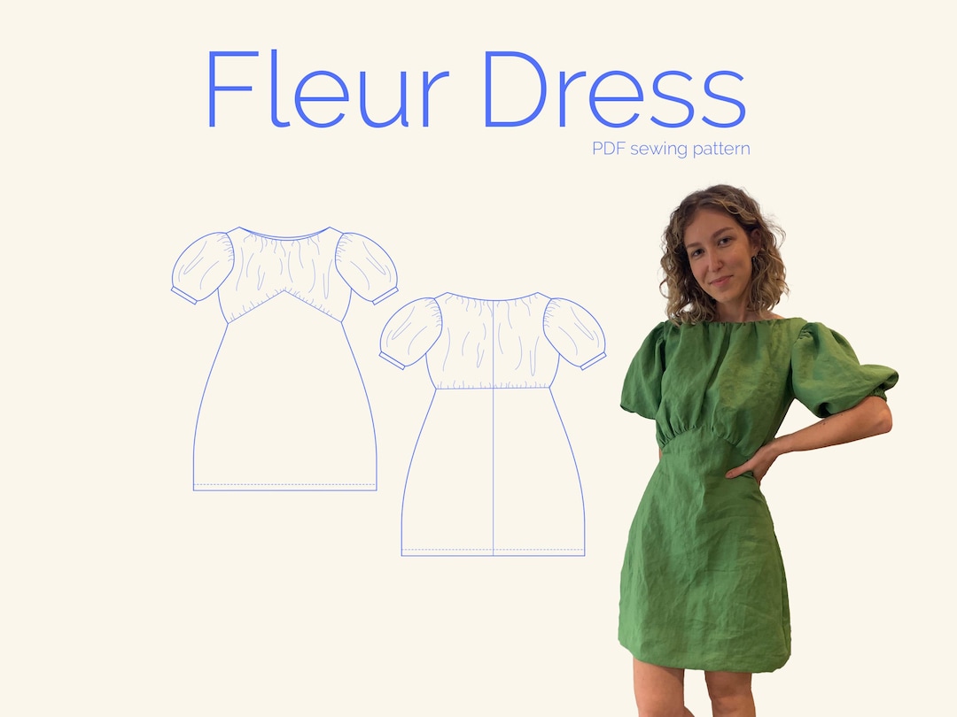 Fleur Dress Digital Sewing Pattern, (size 6-28 AU), Puff Sleeve Dress ...