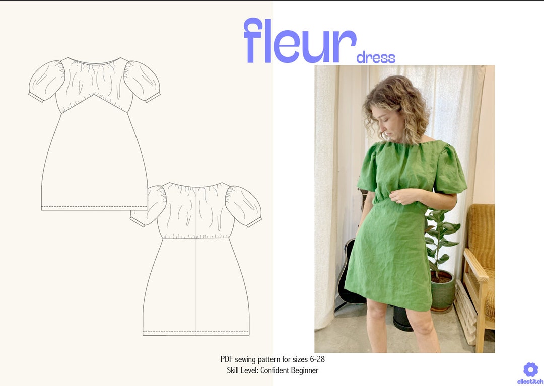 Fleur Dress Digital Sewing Pattern, size 6-24 AU, Puff Sleeve Dress ...
