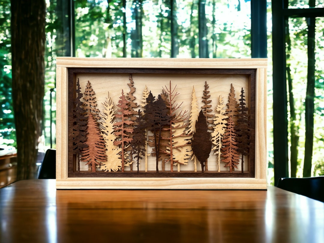 Layered Tree Wood Wall Art | 3D Forest Scene Shadow Box Gift | Wooden ...