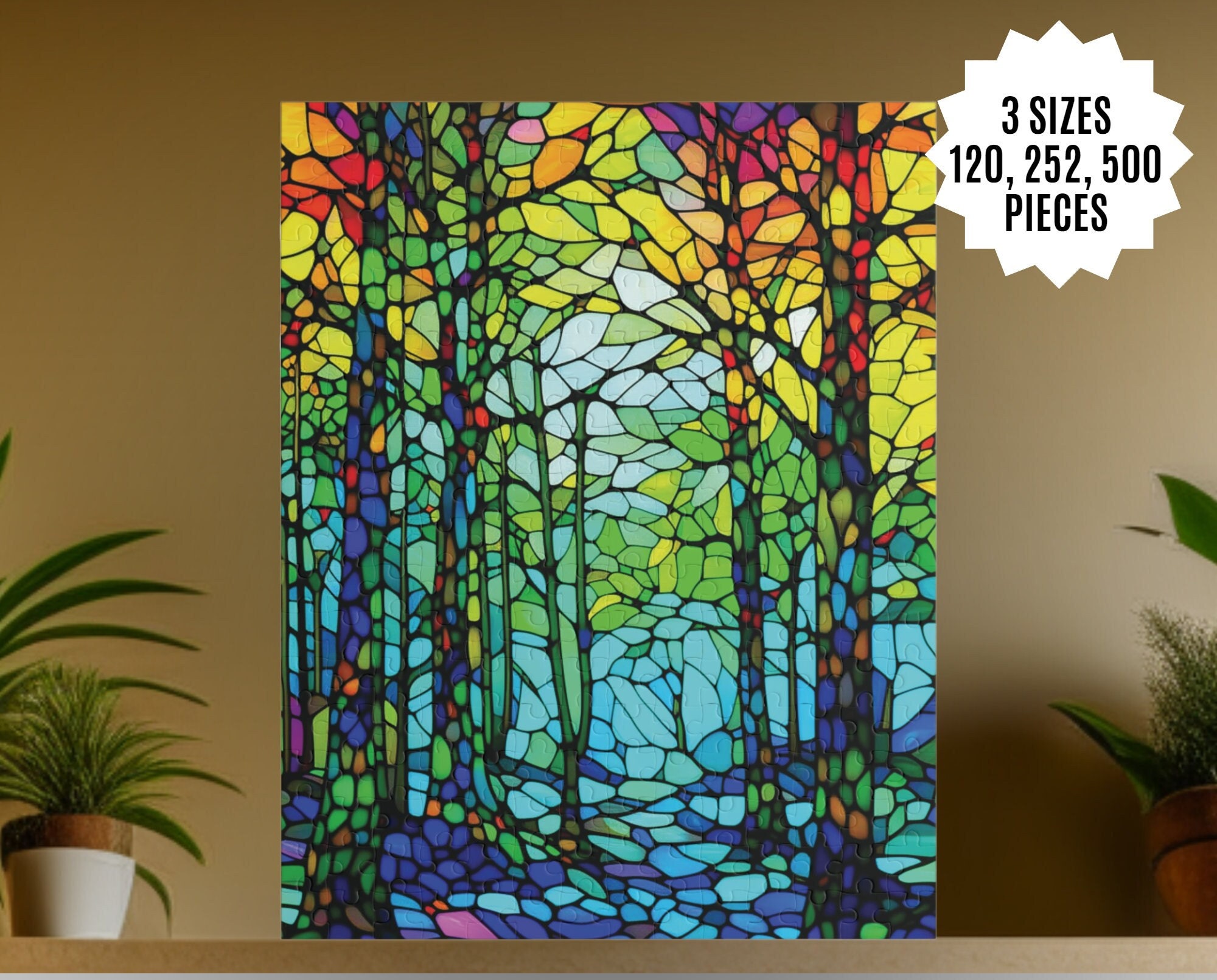 Colorful Forest Puzzle (120, 252, 500-piece) Stained Glass Trees Jigsaw ...