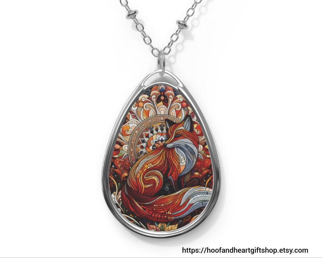 Cute Fox Mandela Necklace, Mosaic Fox Art, Teardrop Oval Jewelry for ...