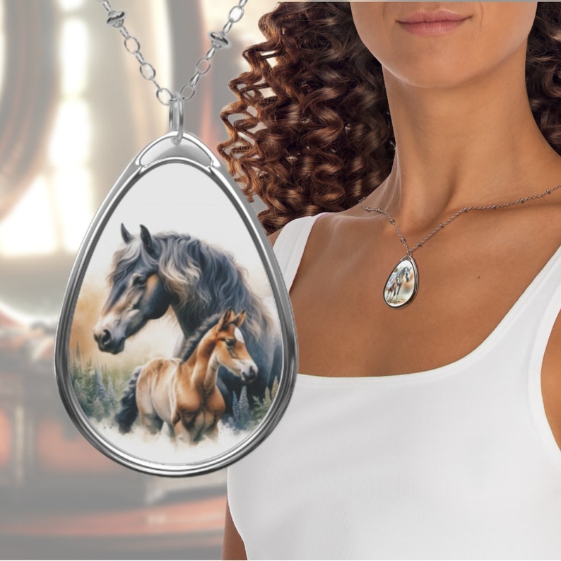 Mare and Foal Horse Necklace, Watercolor Horse Pendant, Horse Lover ...