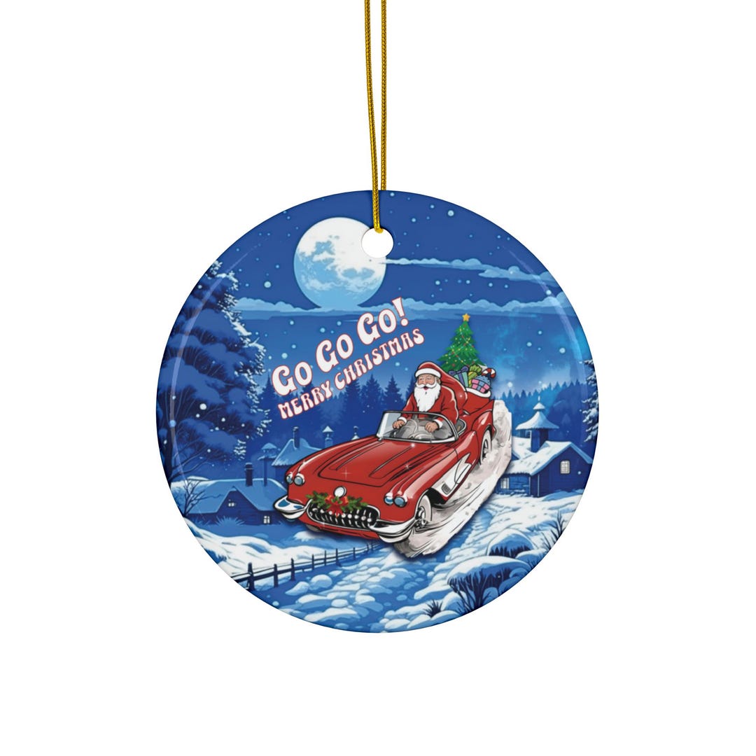 Santa Corvette Christmas Ornament, Santa Race Car Ceramic Ornament ...