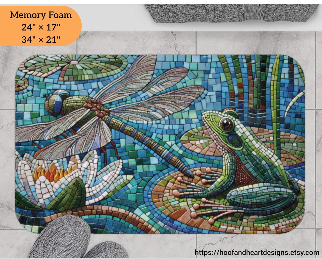 Frog and Dragonfly Memory Foam Bath Mat 24" × 17", 34" × 21", Frog Pond ...