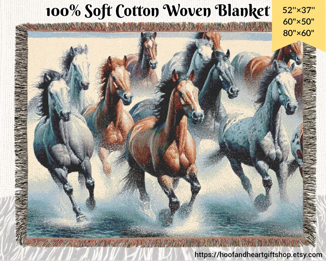 Running Horses Woven Blanket: 100% Cotton Farmhouse Decor - Etsy