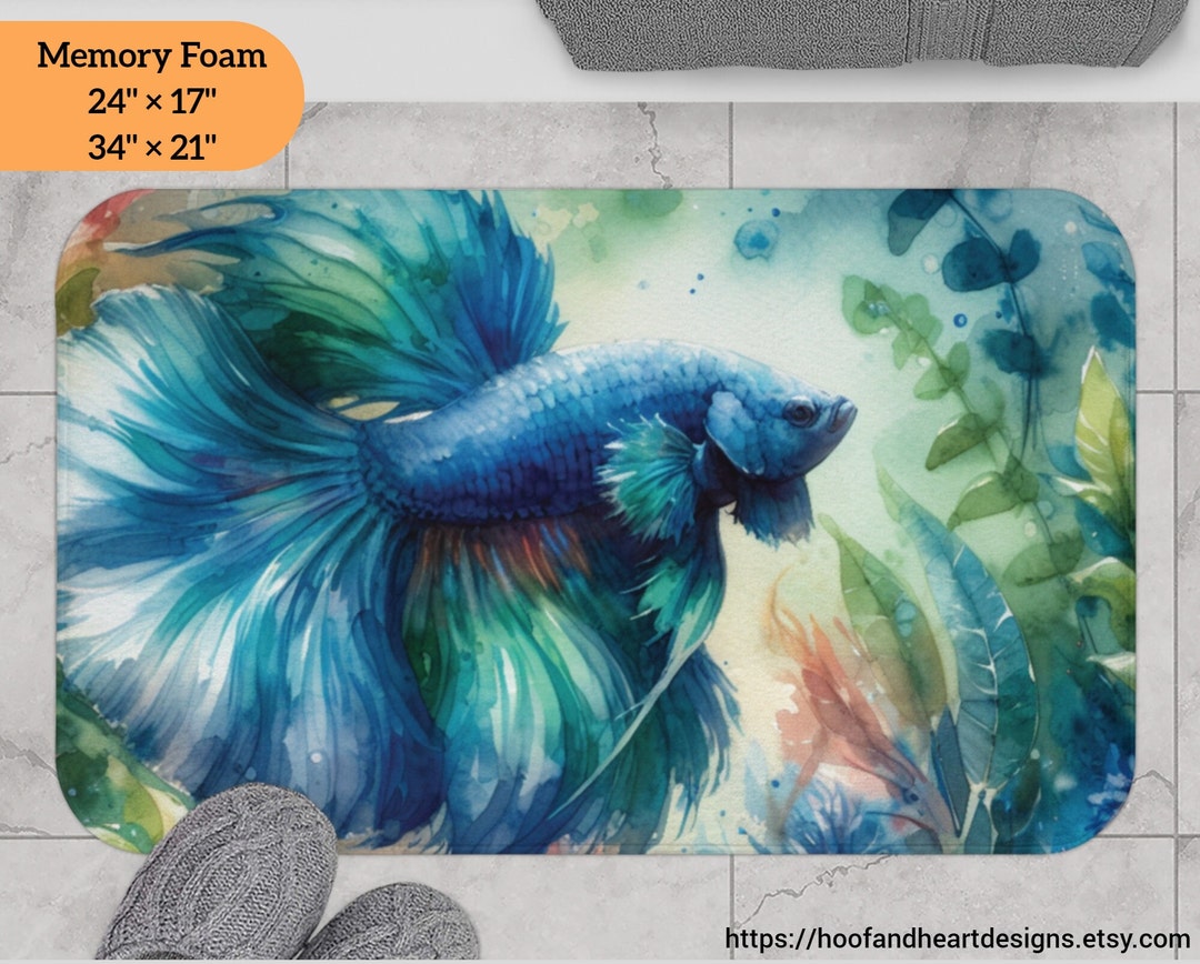 Betta Fish Memory Foam Bath Kitchen Mat 24" × 17", 34" × 21", Blue ...