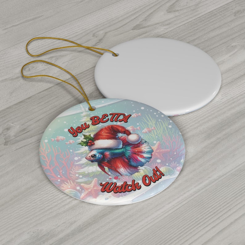 Betta Fish Ceramic Christmas Ornament, Betta With Santa Hat Round ...