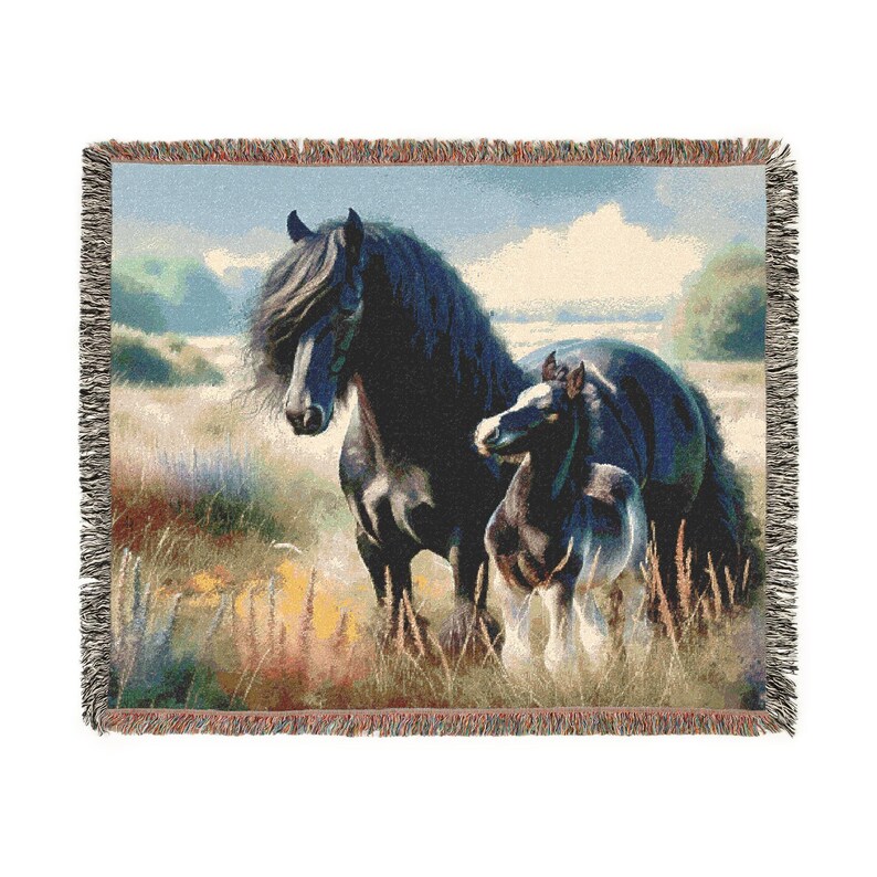 Mare & Foal Horse Woven Blanket: 100% Cotton Farmhouse Decor - Etsy