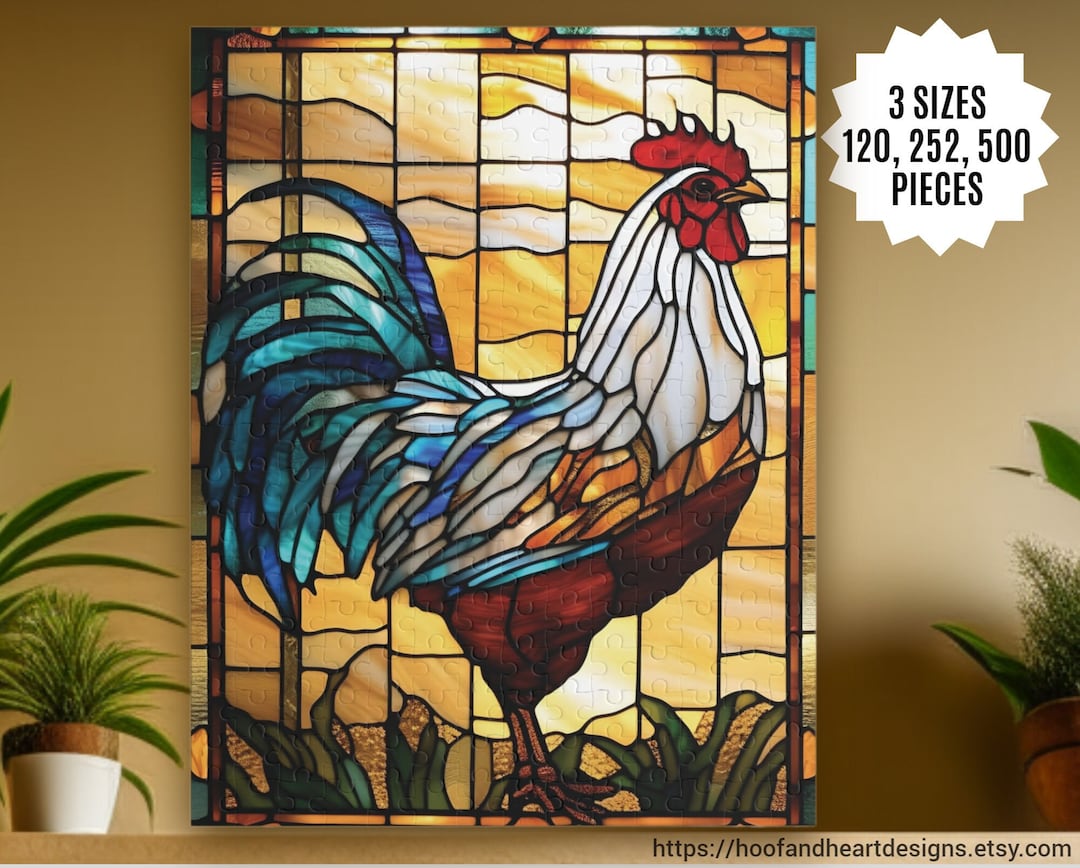 Colorful Rooster Puzzle (120, 252, 500-piece) Stained Glass Rooster ...
