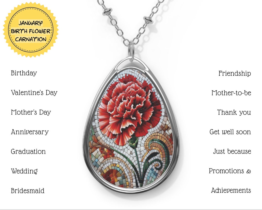 January Birth Flower Necklace, Mosaic Carnation Teardrop Oval Botanical ...