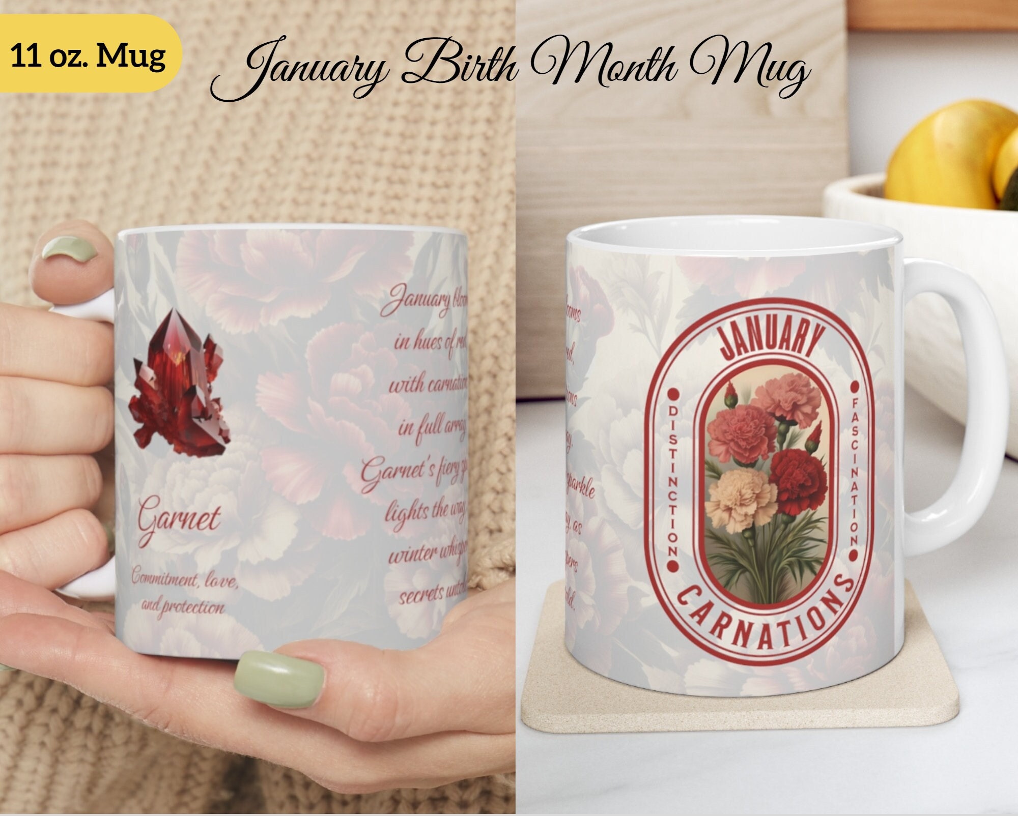 January Birth Month Flower and Birthstone Ceramic 11oz Coffee Mug ...