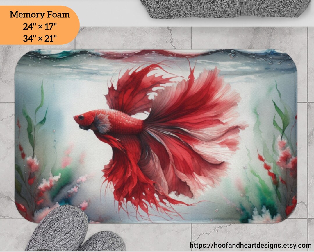 Betta Fish Memory Foam Bath Kitchen Mat 24" × 17", 34" × 21", Red Betta ...