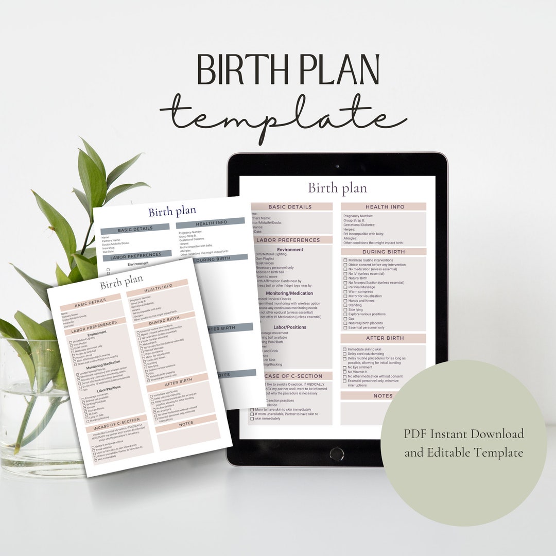 Editable Birth Plan Template | Printable Birthing Plan | Labor and ...