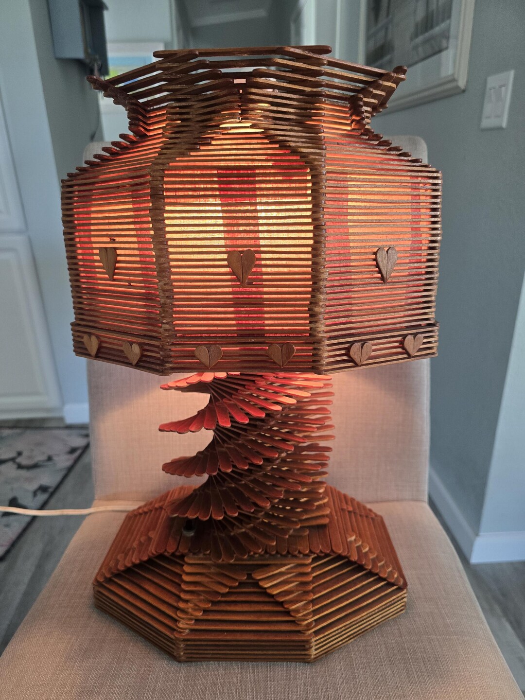 1960s Popsicle Stick Folk Art Lamp, Heart Accents, 18 Inches - Etsy