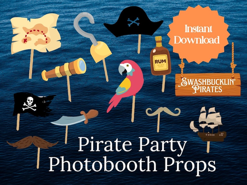 Pirate Party Photobooth Props & Signs / Mustaches, Parrot, Sword, Map ...
