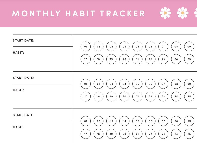 Monthly Habit Tracker Pink Daisies - Etsy
