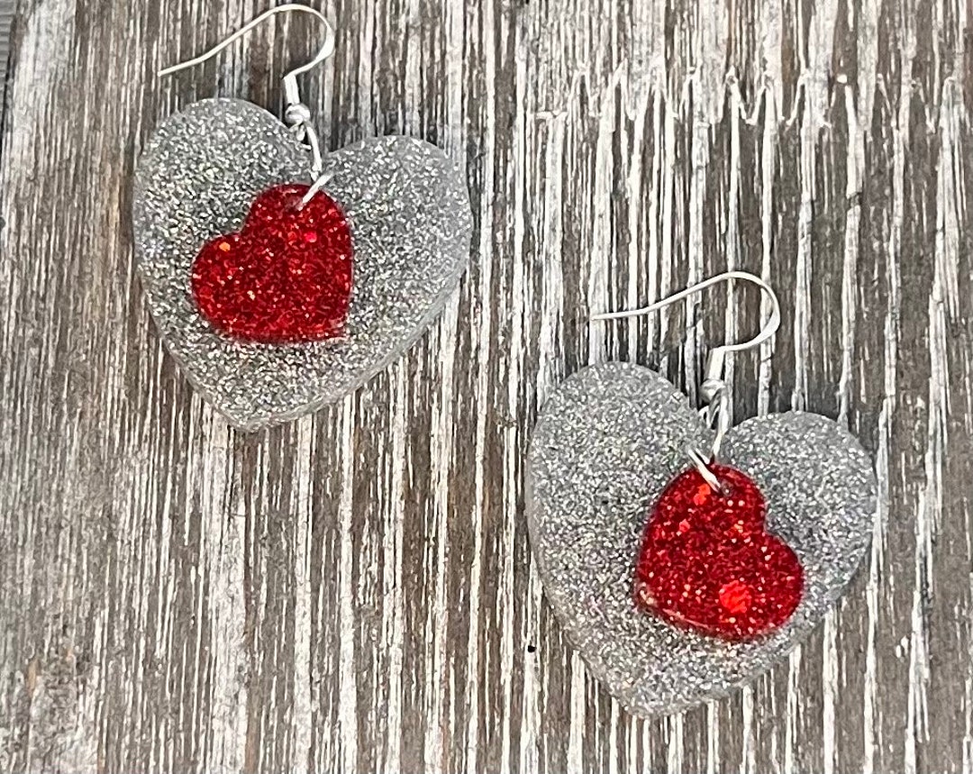 Silver Glitter Resin Dangle Heart Earrings - Etsy