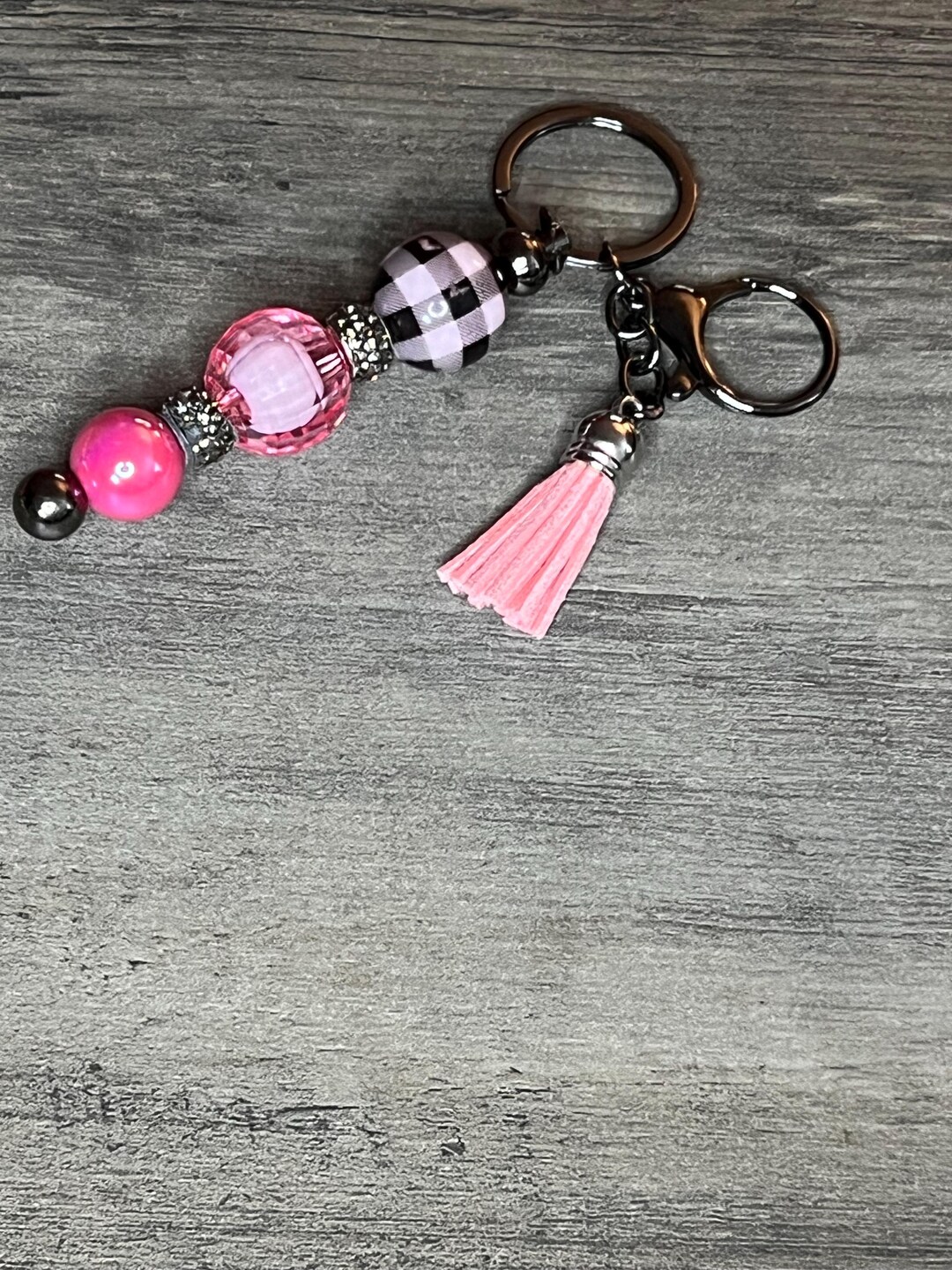 Pink and Black Beaded Key Fob Ring - Etsy