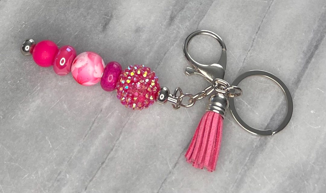 Bright Pink Rose Beaded Key Fob Ring - Etsy