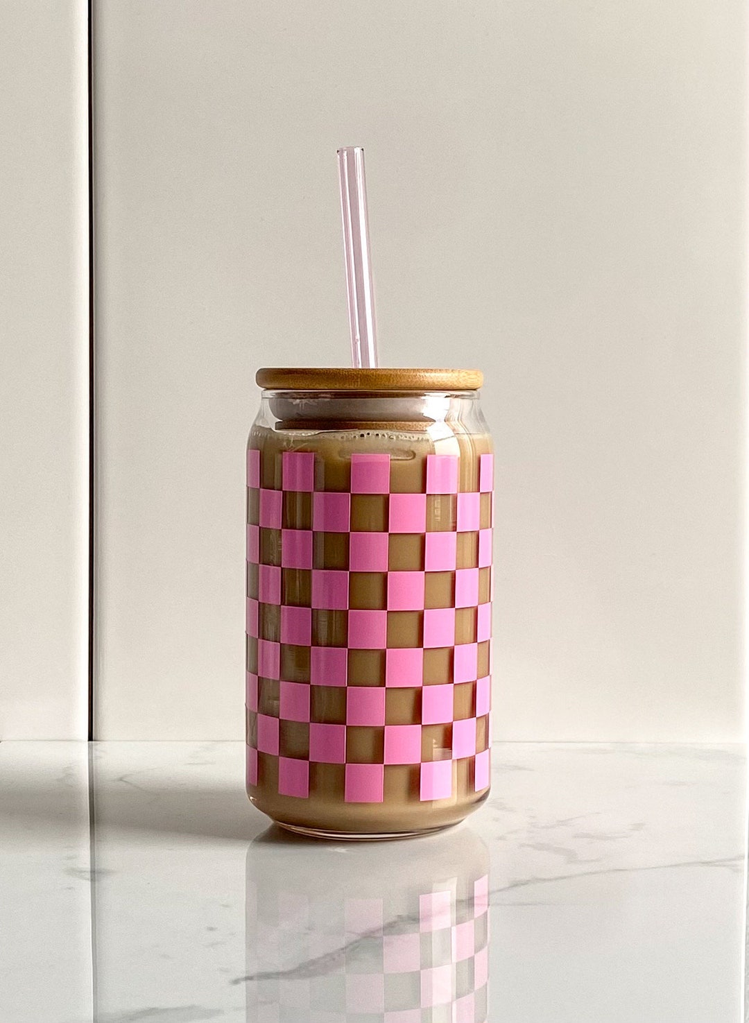 Beer Can Glass, Pink Checkered Can Glass, Retro, Aesthetic Cup, 16 Oz ...
