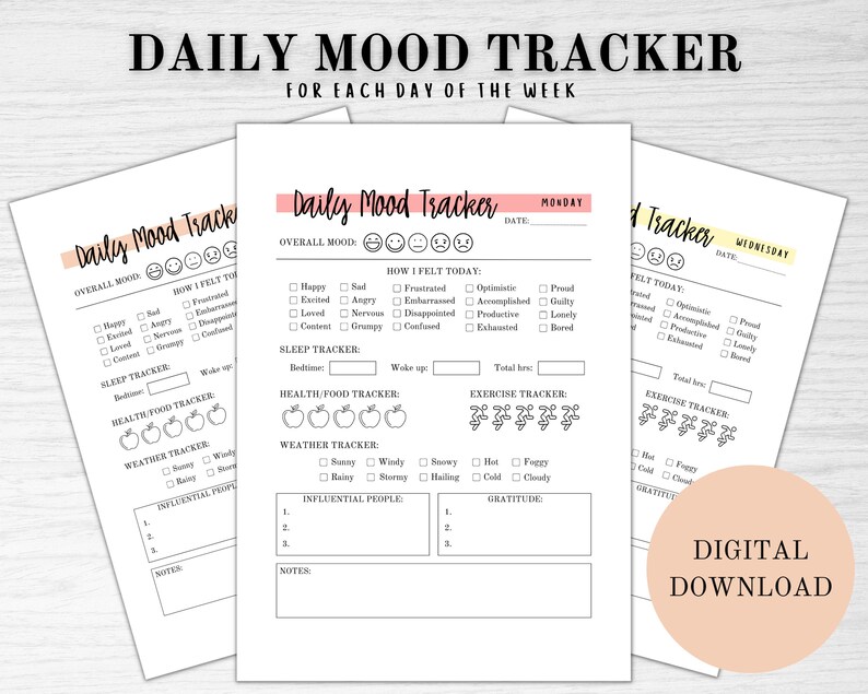 Daily Mood Tracker Printable, Digital Habit Tracker With Sleep and ...