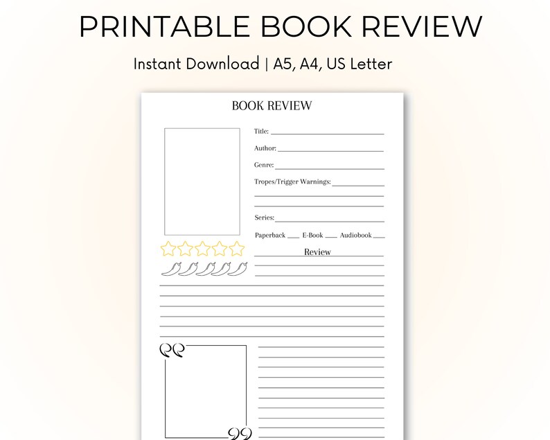 Printable Book Review, Simple Book Review Printable, A4 A5 US Letter ...