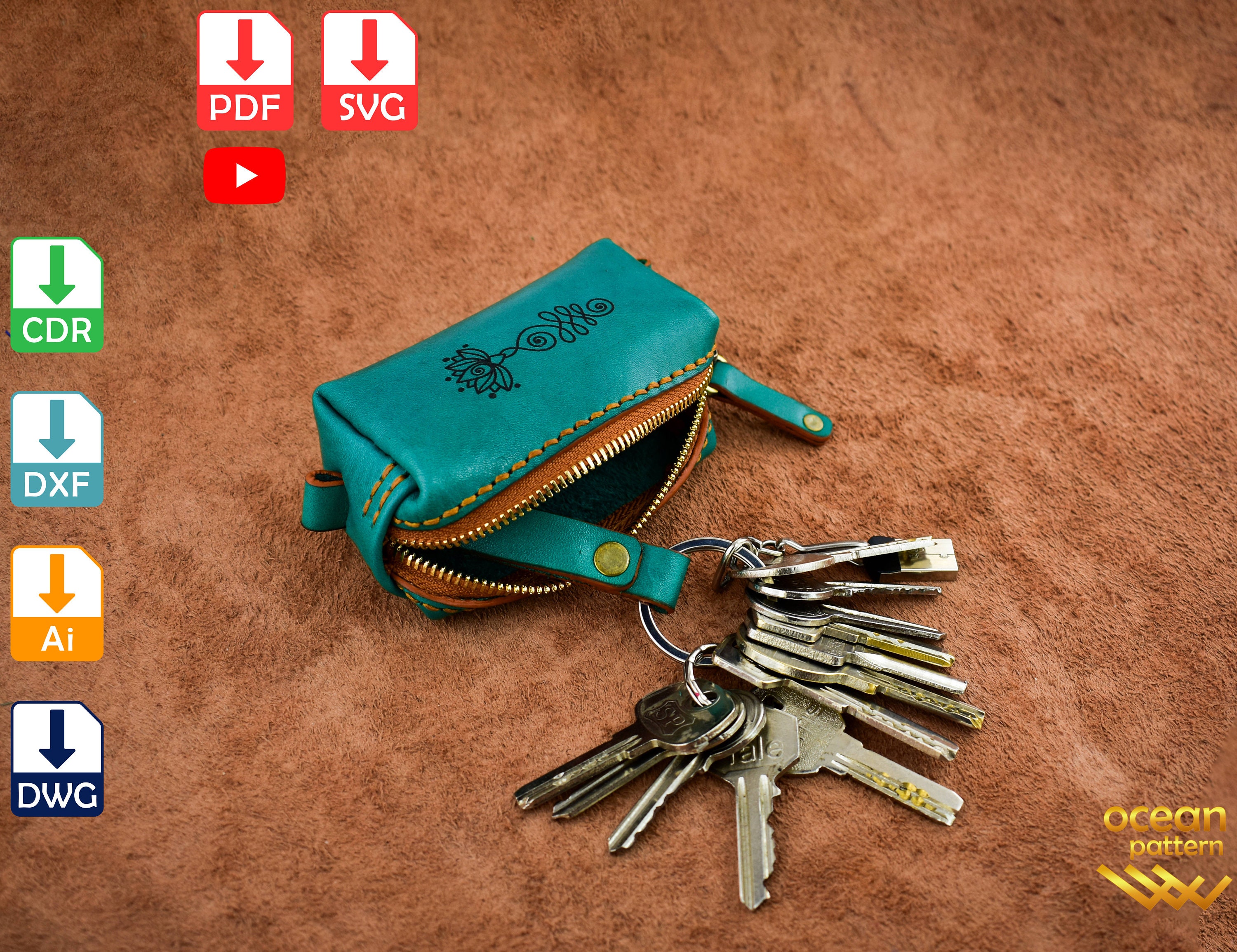 Leather Key Bag Pattern, Zipper Key Holder Pdf and Svg, Car Key Case ...