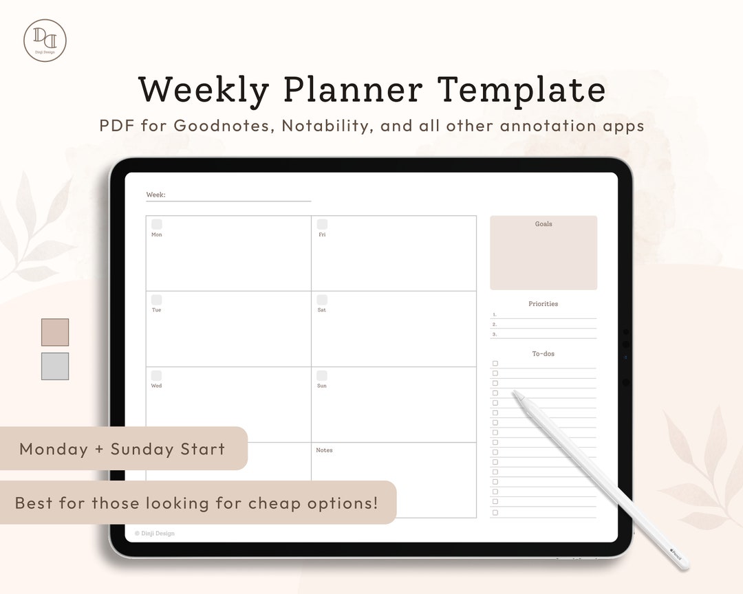 Digital Weekly Planner Template, Monday & Sunday Start, Minimalist ...