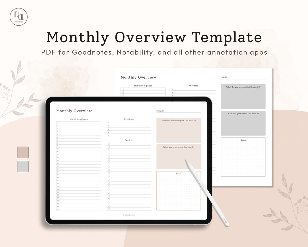 Monthly Overview Digital Template, Month at a Glance, Monthly to Do ...