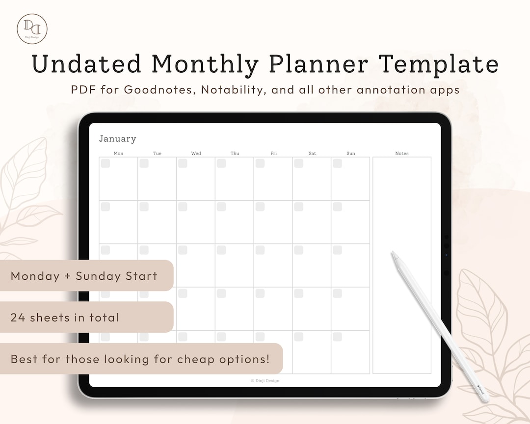 Undated Digital Monthly Planner Template, Monday & Sunday Start, 12 ...