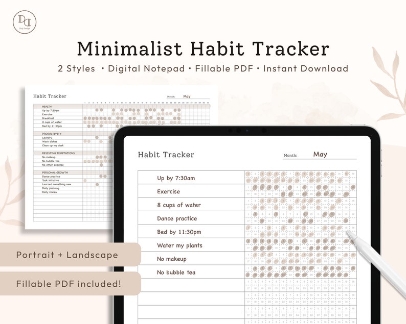 Minimalist Habit Tracker, Fillable PDF, Daily Habit Tracker, Self Care ...